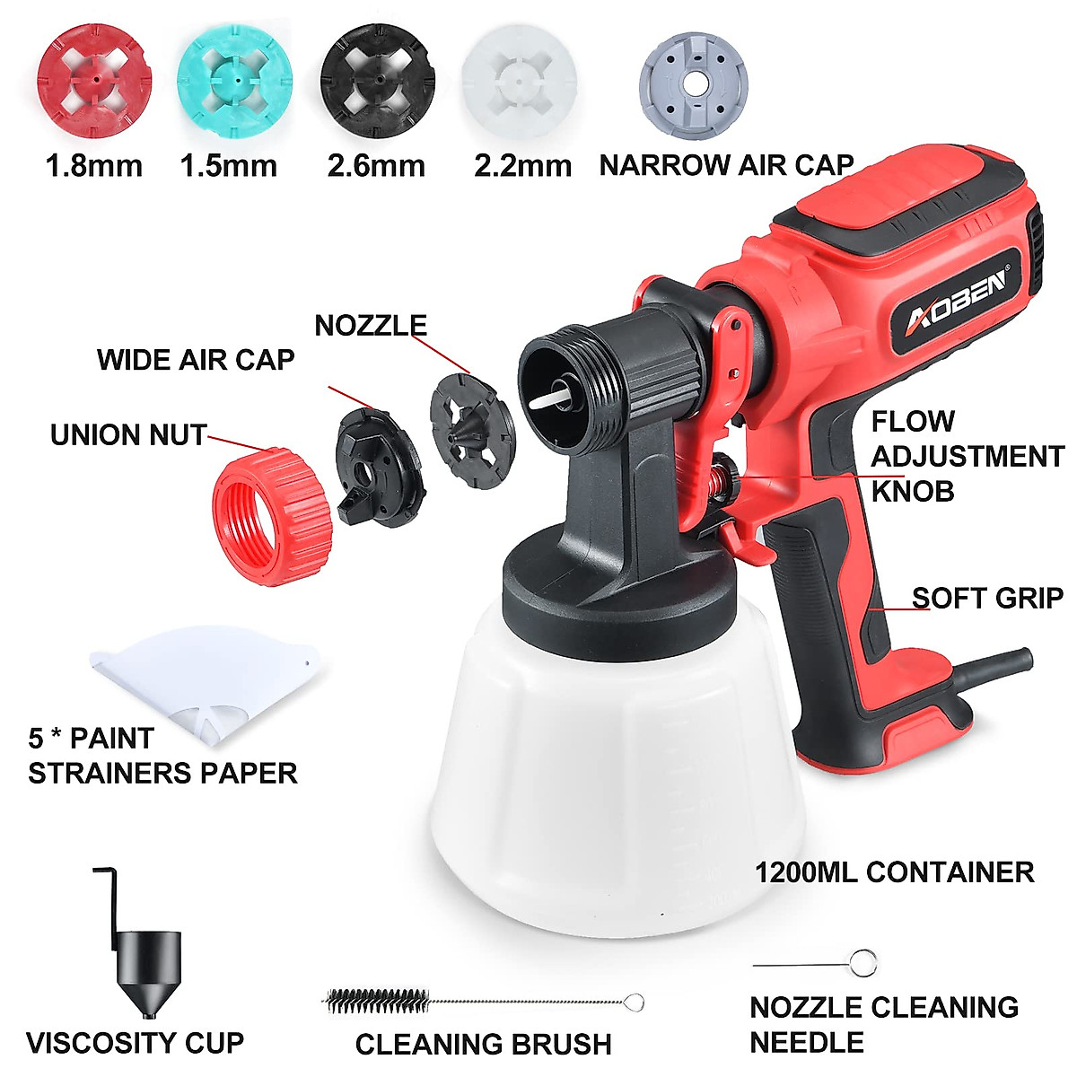 AOBEN Paint Sprayer,750w Hvlp Spray Gun with 4 Nozzles,Electric Paint Gun with 1200ml Container,Spray Paint Gun for Furniture, Cabinets, Fence, Garden Chairs, Walls, DIY Projects(Red)