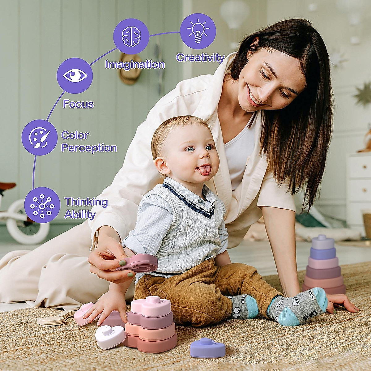 Baby Silicone Stacking & Nesting Toys, Christmas 6 pcs Heart Building Stacker Blocks Tower, Soft Chew Natural Teether Montessori Toys, 6+ Months Toddler Boys & Girls Early Education Learning