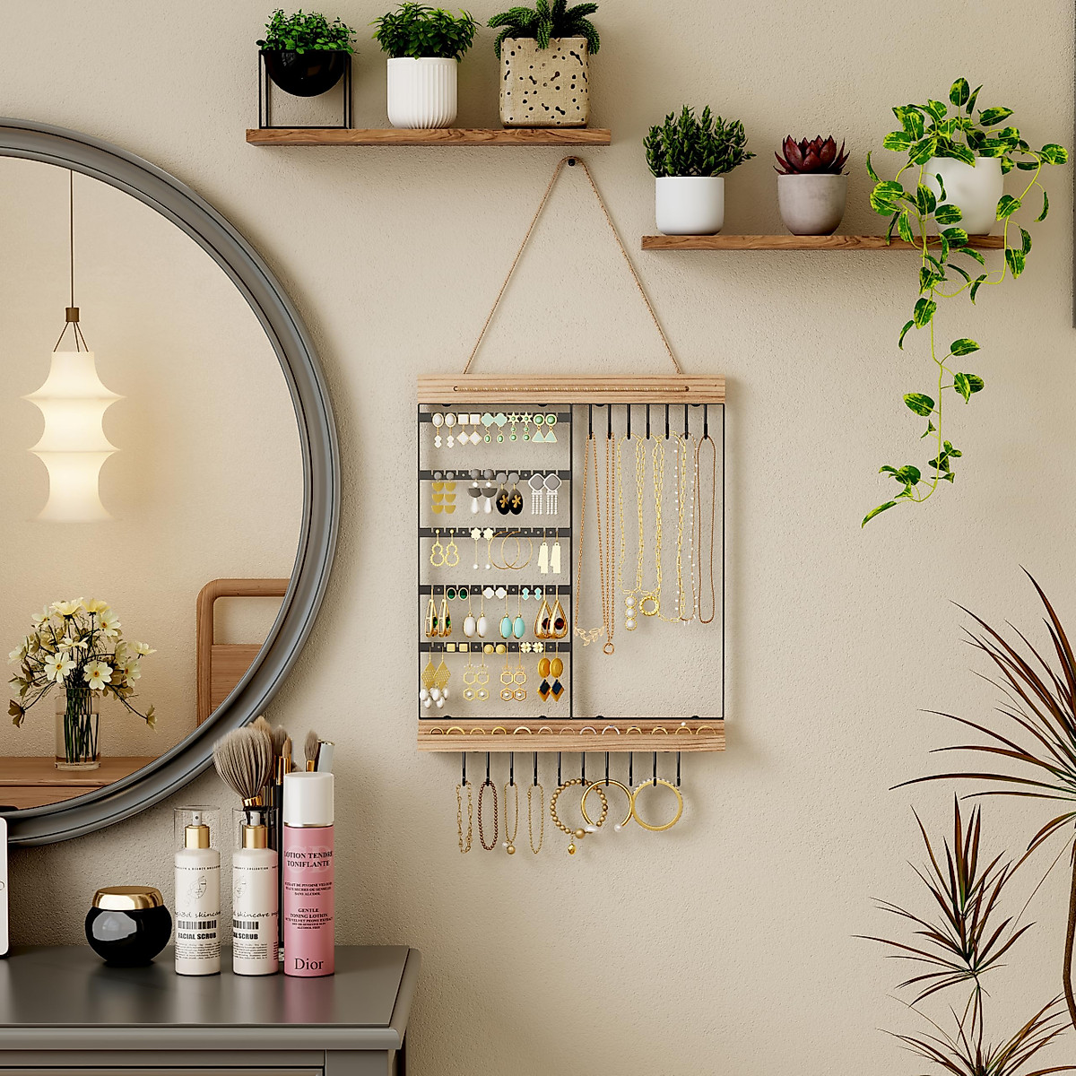 Feyejade Hanging Jewelry Organizer, 5-Tier Wall Earring Holder with Wooden Ring Groove, Jewelry Rack Wall Mounted for Earrings, Necklaces, Bracelets and Rings, Jewelry Holder Stand