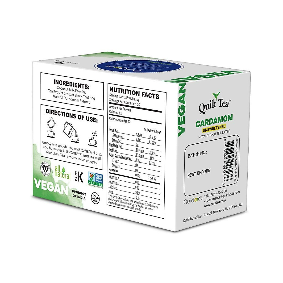 QuikTea Vegan Unsweetened Cardamom Instant Chai Tea Latte - 10 Count Single Box - Convenient, Easy Ayurvedic Dairy Free Alternative - All Natural Non GMO Superfood