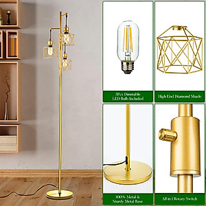Decorative Gold Floor Lamp,3-Light Farmhouse Floor Lamps for Living Room with Smooth Dimmable ( Adjust Brightness Nightlight ), Modern Style Standing Tall Lamp of Diamond Cage - Bulb Included