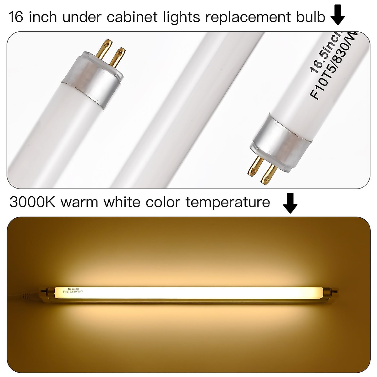 HoazHoald 16” F10T5/830/L Fluorescent Bulb T5 10W 3000K Warm White Light Bulb Diameter 5/8” Replacement for Jasco Philips Under Cabinet Counter Light Fixtures (4 Pack)