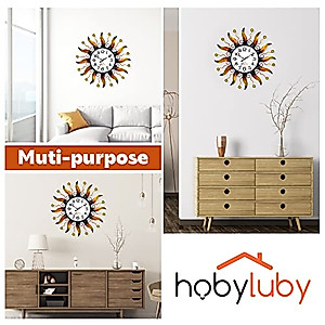 HOBYLUBY 13'' Sun Outdoor Clock, Metal Outdoor Wall Clock Silent Non-Ticking for Patio, Kitchen, Living Room