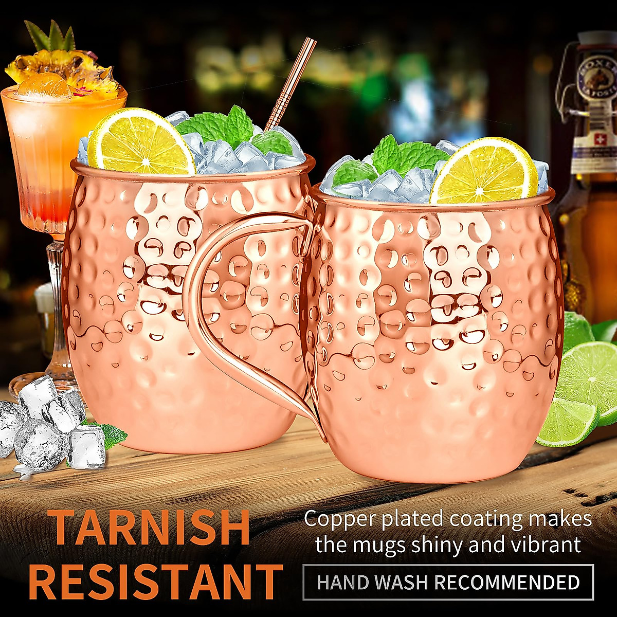 Moscow Mule Copper Mugs Moscow Mule Cups Kit 19oz Set of 12 with Handle Large Copper Hammered Plating Cups with 0.5oz Double Jigger, Stainless Steel Straws, Spoons for Cold Drinks Cocktails Wine