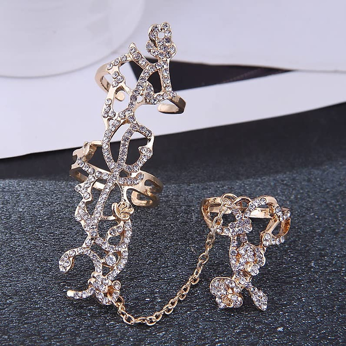 Charm Leaf Full Finger Rings Punk Dainty Bracelet BOHO Knuckle Ring Harness Wedding Jewelry Hand Chains Adjustable Statement Rings for Women-gold