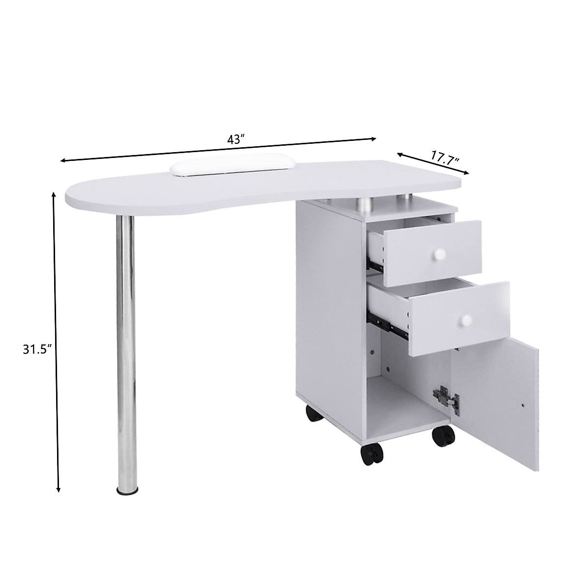 mefeir Manicure Table Nail Desk with Drawers Single Cabinet on Wheels & Arm Rest Cushion, Mobile Beauty Spa Salon Home Wooden Technician Workstation Nail Art Equipment