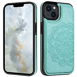MMHUO for iPhone 14 Plus Case with Card Holder, Flower Magnetic Back Flip Case for iPhone 14 Plus Wallet Case for Women, Protective Case Phone Case for iPhone 14 Plus,Mint