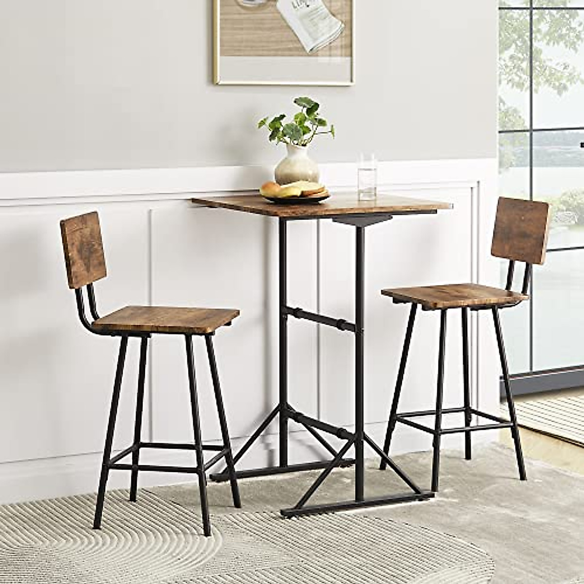 VECELO 3-Piece Bar Table Chairs, Square Counter Height Bistro Dinette Sets with 2 Barstools for Kitchen, Breakfast Nook, Small Spaces, Rustic Brown