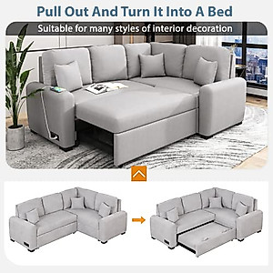 Aybihous3 76.7" Sectional Sleeper Sofa with USB Charging Port and Plug Outlet,Pull-Out Sofa Bed with 3 Pillows, L-Shape Chaise for Living Room Small Apartment (Grey)