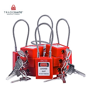 TRADESAFE Lockout Tagout Steel Cable Locks with Keys,10 Red Keyed Different Electrical Lockout Padlock Set, 2 Keys per Lock, OSHA Compliant, Premium Grade