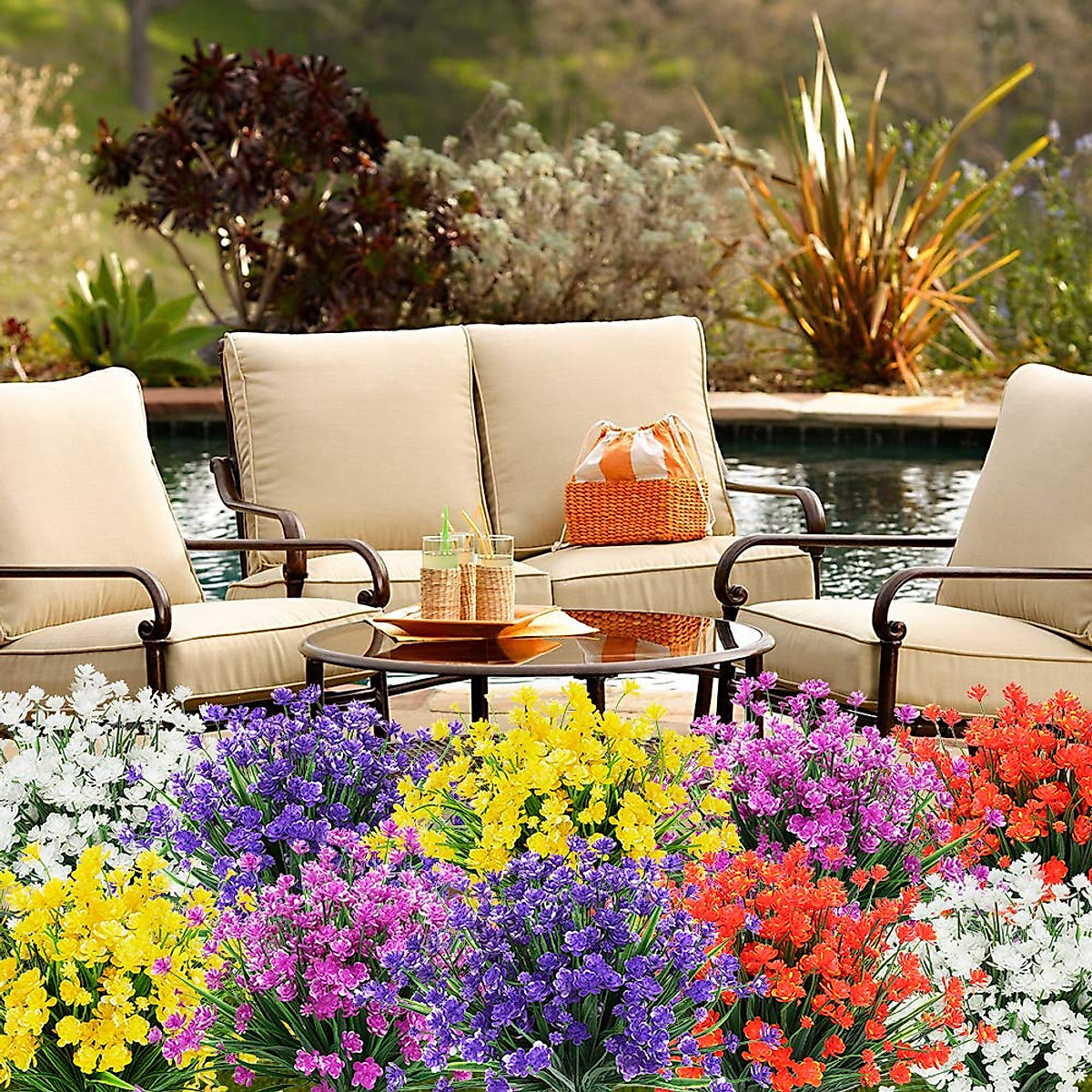 KLEMOO Artificial Flowers, 8 Bundles Fake Outdoor UV Resistant Greenery Faux Plants Shrubs for Indoor Outside Hanging Planter Home Office Wedding Farmhouse Decor (Purple)