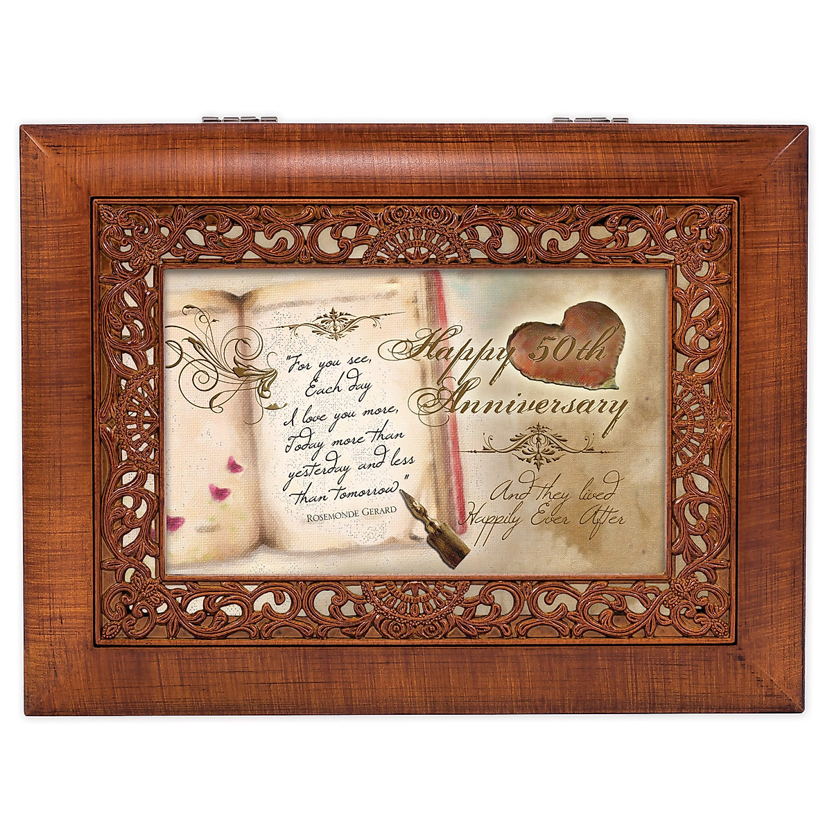 Cottage Garden Happy 50th Anniversary Woodgrain Inlay Jewelry Music Box Plays You Light Up My Life