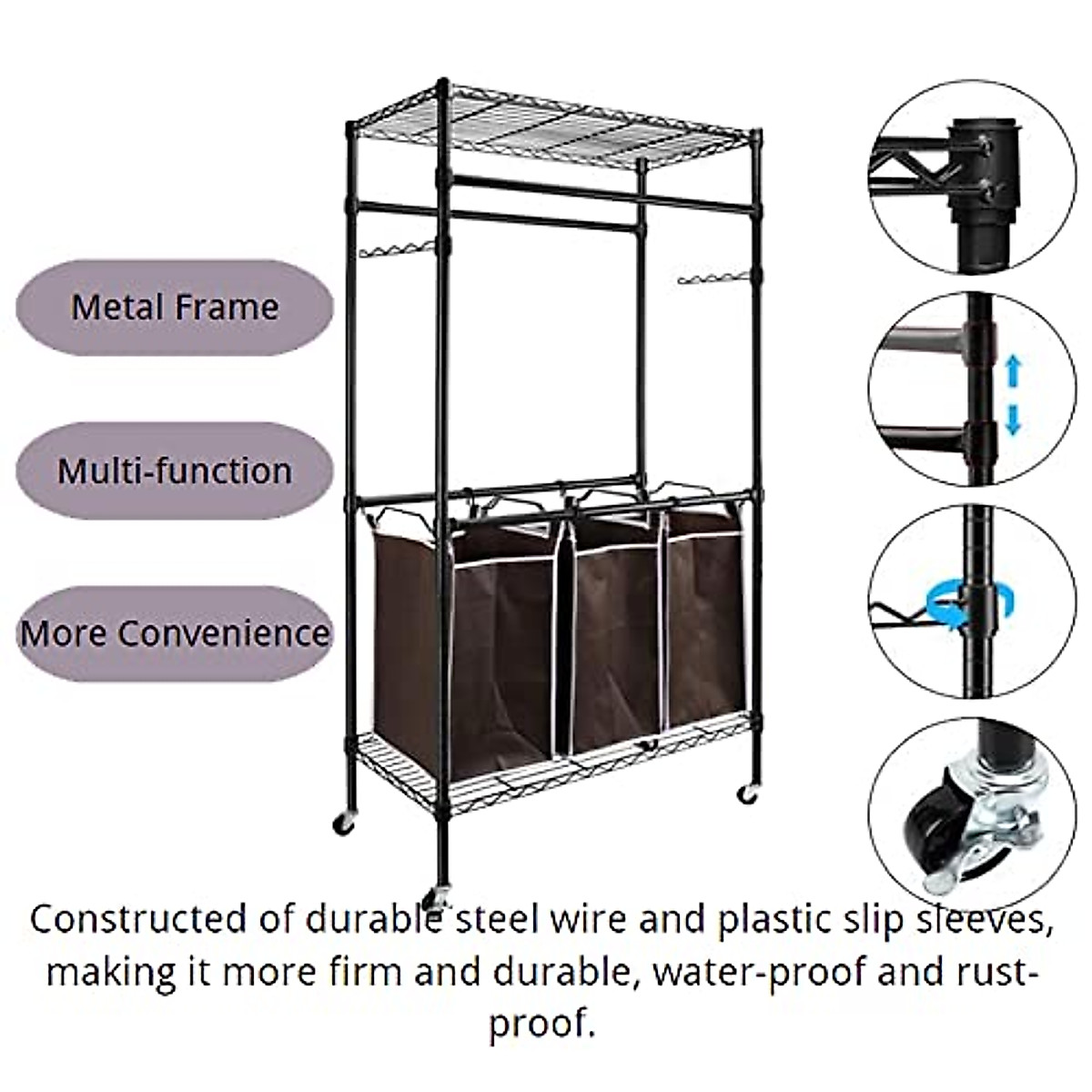 Clothing Rack, Heavy-Duty Sorting Hamper Clothes Rack Laundry Sorter Height Adjustable Hanging Rolling Clothing Rack for Room Hanging Clothes Use Bathroom Bedroom