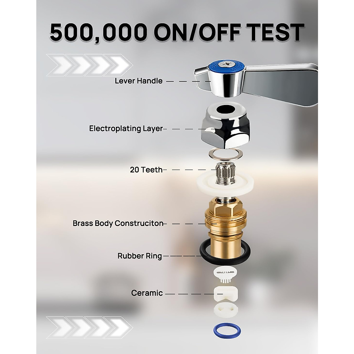 Phivan Brass Handle Stem Assembly Ceramic Faucet Valve Cartridge 20 Teeth Commercial Faucet Parts for Most Commercial Kitchen Sink Faucet, Compatible with Cold Widespread Cartridge Replacement