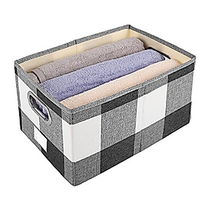 LaMorée Storage Bin Cotton Linen Fabric Basket Box Washable Foldable Decorative Rectangular Container with Handles Label Window Thick PP Plastic Board For Nursery Home Office - Black Plaid, Small Size
