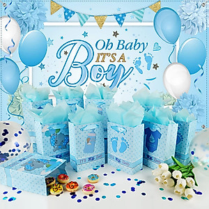 Dragonfy 16 PCS Baby Shower Bags for Boys - Medium Paper Gift Bags with Gift Wrapping Paper, Baby Shower Party Favors for Guests Baby Birthday Treat Bags(It’s a Boy!), blue