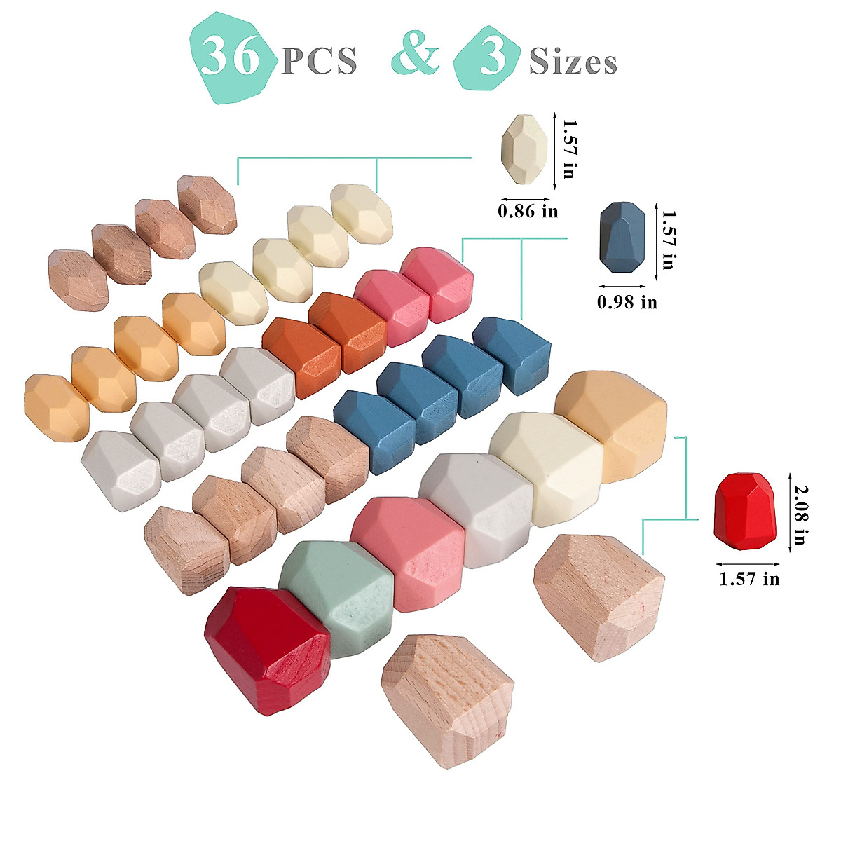 FIMIJORY 36 PCs Kids Balancing Stones,Wood Building Blocks, Sorting Stacking Rocks, Educational Preschool Learning Toys, Lightweight Puzzle Set, Sorting Toys for Kids 3+