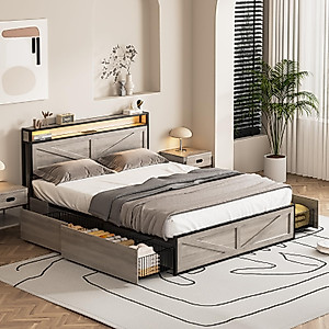 Halitaa LED Queen Size Bed Frame with Charging Station & 4 Drawers, Platform Metal Bed Frame with Headboard USB Ports Outlets, Farmhouse Bed Frame with LED Lights, Noise Free, Wash Grey (Queen)