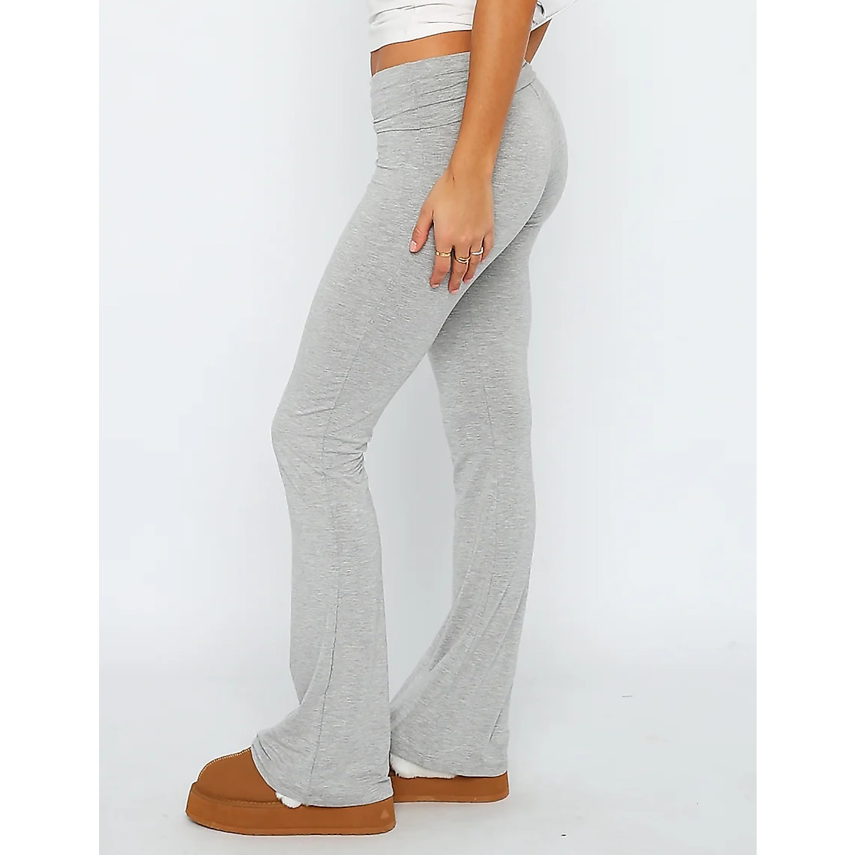 KMBANGI Women Skinny Pants Fold Over Bootcut Stretchy Yoga Flare Leggings Long Y2k Joggers Sweatpants Lounge Streetwear(Daily Light Gray,S)