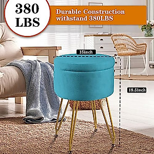 Round Velvet Storage Ottoman, Modern Vanity Stool Round Ottoman with Storage, Footrest Stool for Vanity with Metal Legs, Tray Top Coffee Table, Makeup Footstool, Green