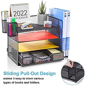 Mesh Desk Organizer, 4-Tier Desk File Organizer with Drawer and 2 Pen Holders, Multifunction Paper Tray Organizer, Desk Organizers and Accessories for Home Office Supplies, Black