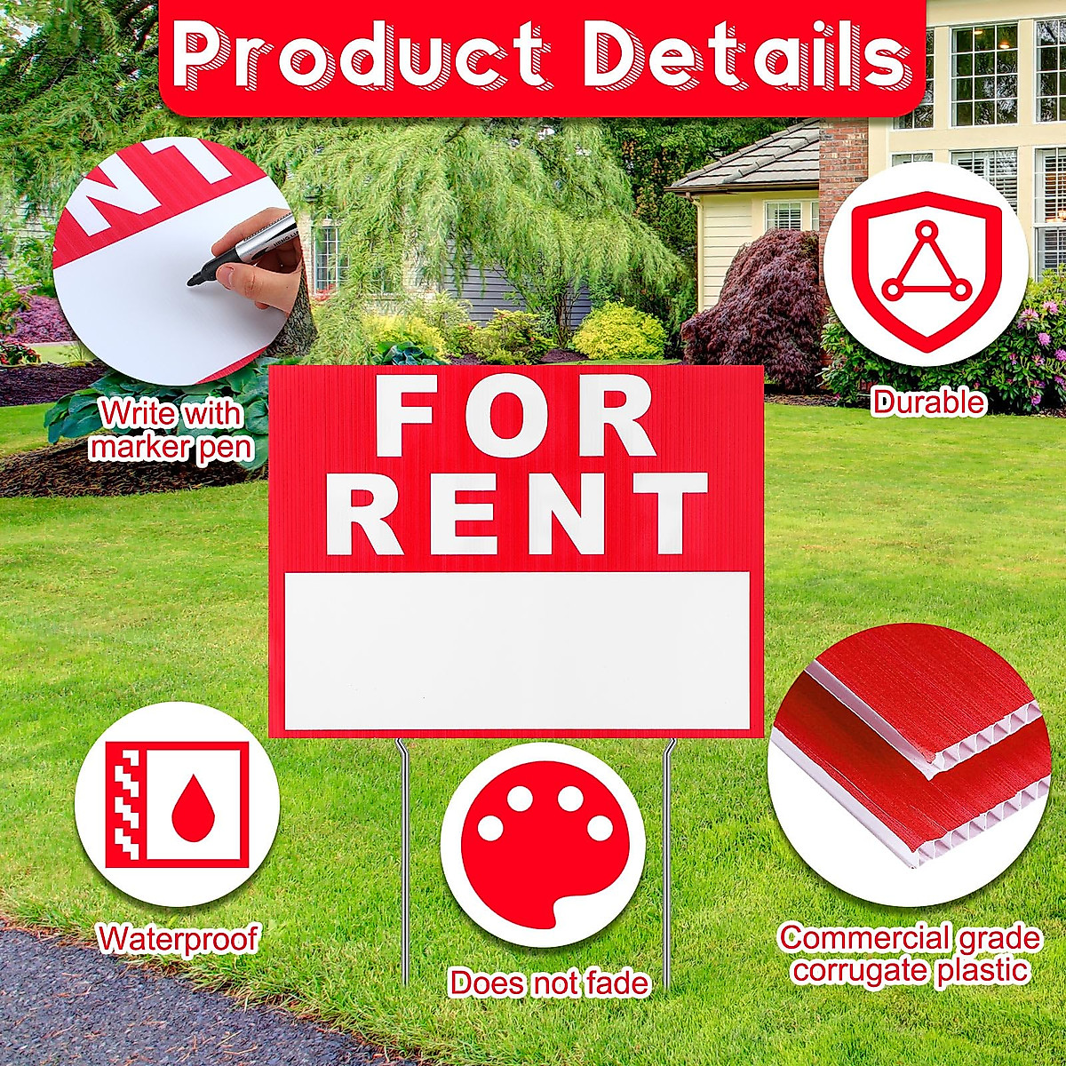 Ripeng 4 Pcs 17 x 13 Inch for Rent Sign with Stand Double Sided Corrugated Plastic Red White for Lease Sign with 8 Pcs Tall Iron Stands for Outdoor House Business Rental Car Apartment (17 x 13 Inch)