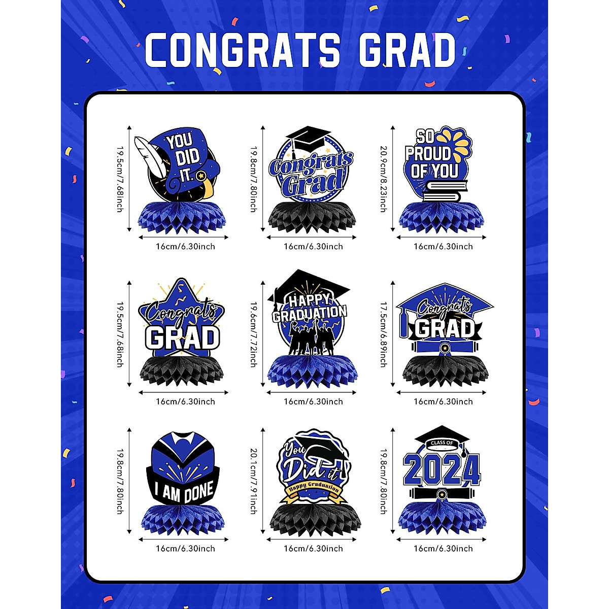 VICHTOP 2024 Graduation Party Decorations - Class of 2024 Blue Theme Decorations with Congrats Grad Table Centerpiece - Stunning Blue Graduation Decor for a Memorable Celebration