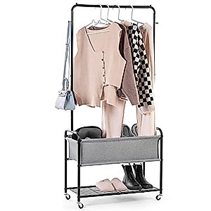 Across-Star Metal Garment Rack with Top Rod and Storage, Rolling Clothes Rack, Clothes Hanging Rack Portable Coat Hanger Holder for Bedroom