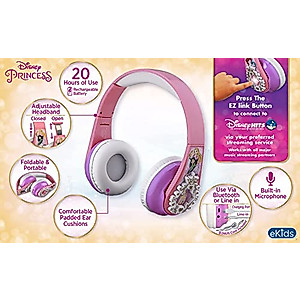 eKids Disney Princess Bluetooth Headphones with EZ Link, Wireless Headphones with Microphone and Aux Cord, Kids Headphones for School, Home, or Travel