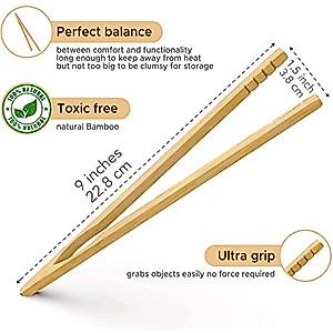 Wooden Toaster Tongs 2 PCs | Bamboo Kitchen Utensils For Cooking & Holding Toast Bacon Muffin Fruits, Pickles, Cheese Bagel Bread Ultra Grip | 9 Inch Long Natural Toxic Free