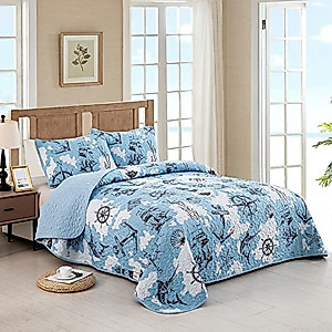 Dinjoy Nautical Ocean Quilt Set Queen Size, Blue Beach Coastal Themed Bedding Set Lighthouse Anchor Sailboat Pattern Microfiber Lightweight Summer Bedspread Coverlet Bed Set All Season