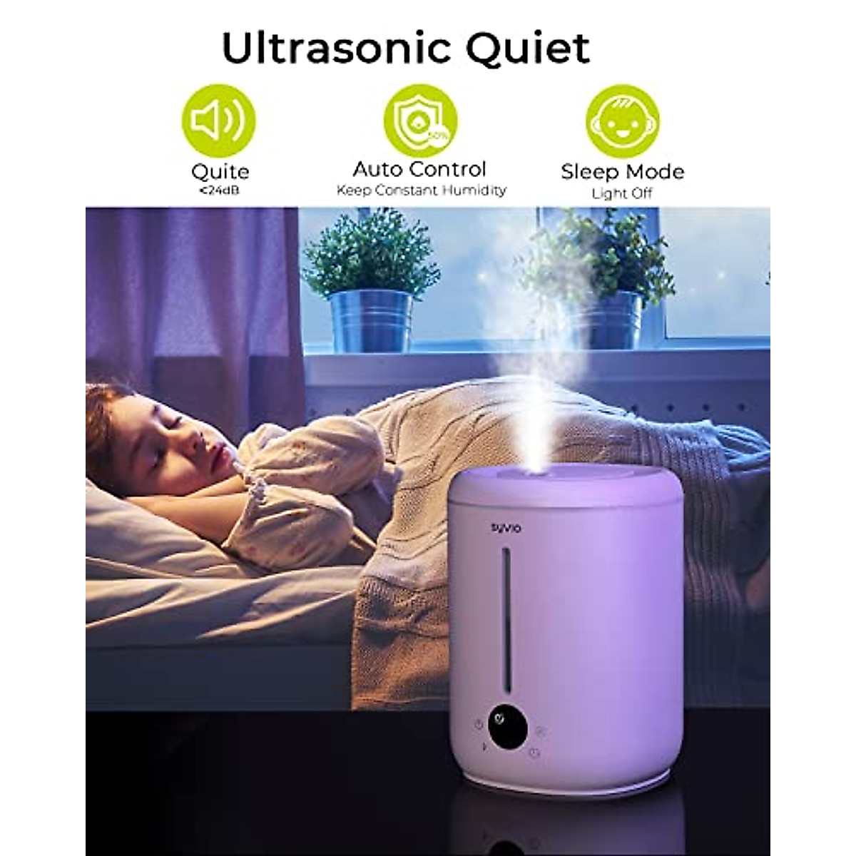 Cool Mist Air Humidifiers For Bedroom Large Room, Syvio 2.8L Smart Humidity Sensor, Easy to Clean for Baby Home Top Fill, Essential Oil Diffuser, Ultrasonic Quiet, 360° Nozzle