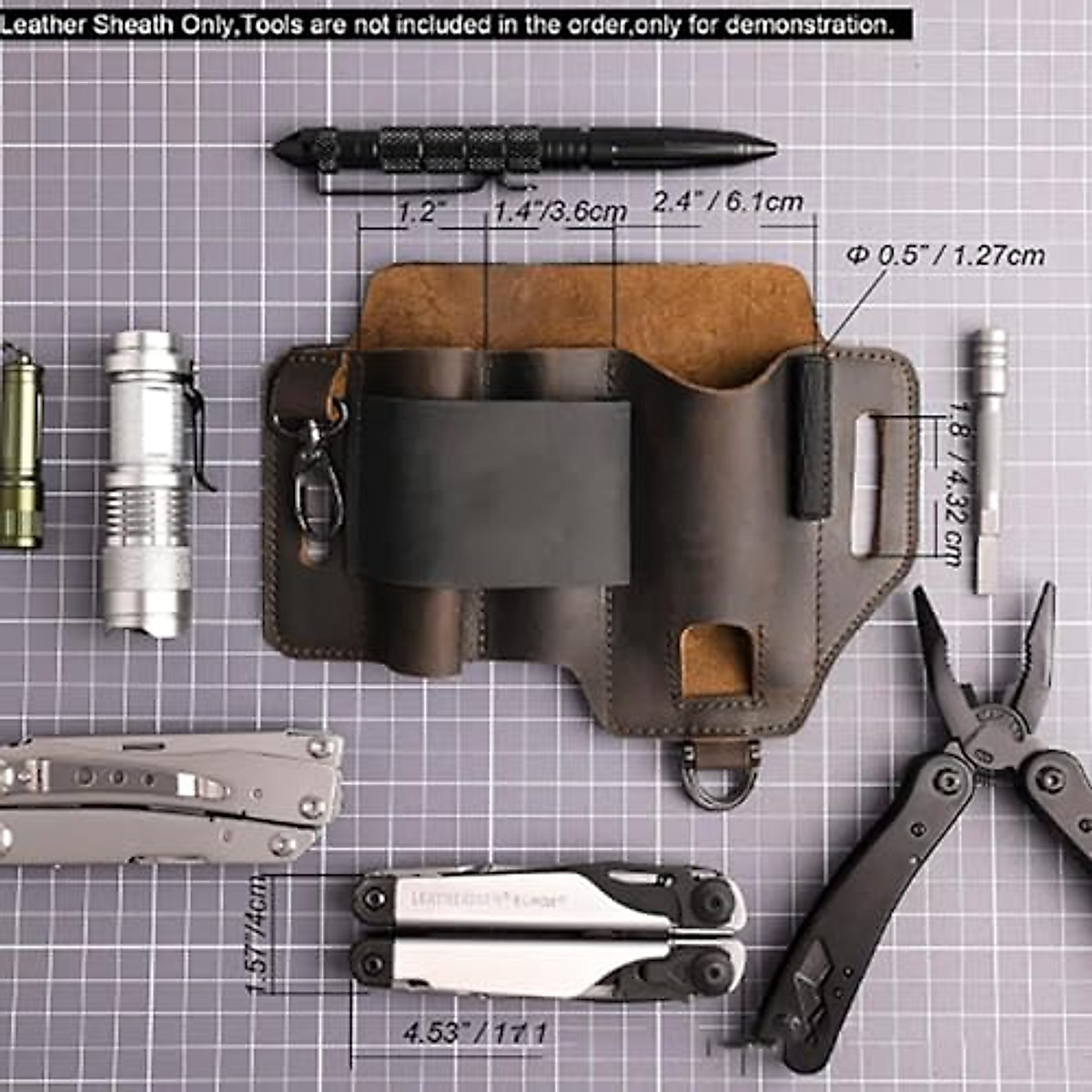 Men ED C Belt Organizer - Men Leather EDCs Organizer Sheath, EDCs Belt Sheath Pocket Organizer | multitooll Pouch Flashlight Sheath with Pen Holder, ED C Gear Holder Belt Attachment for Flashlight