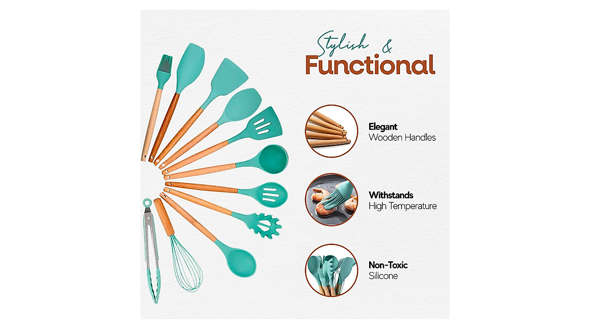 Silicone Cooking Set, 12 pcs Kitchen Utensils Set, Wooden Handle ...