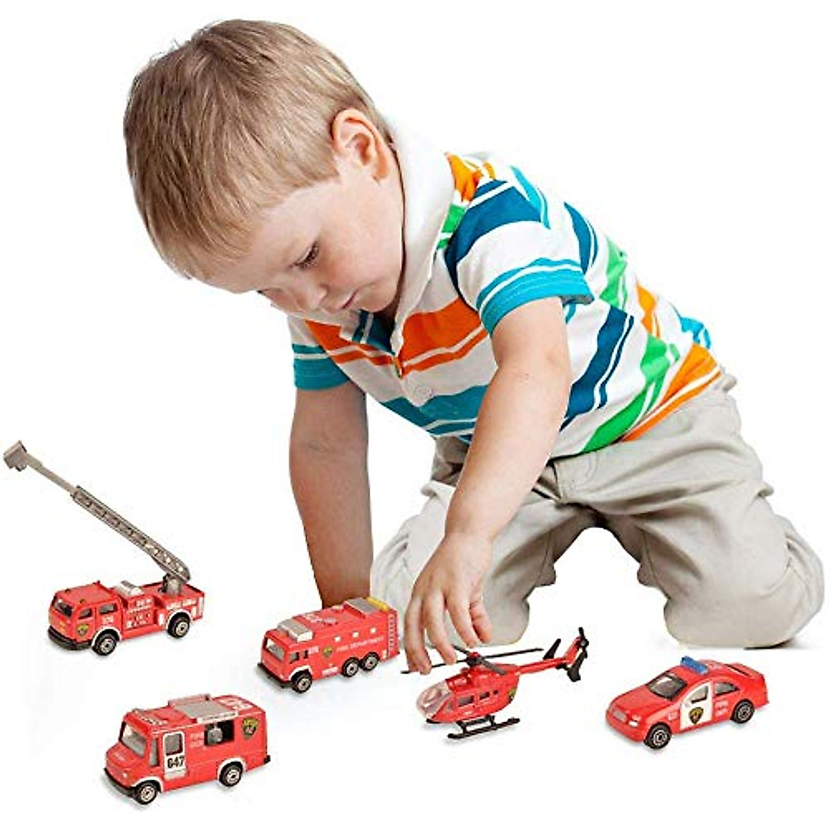 BOHS 5-Pack Fire & Emergency Rescue Vehicles Set - Die-Cast Metal Miniatures - Aerial Ladder Firetruck, Rescue Helicopter, Water Tank Fire Engine, Patrol Car & Command Center