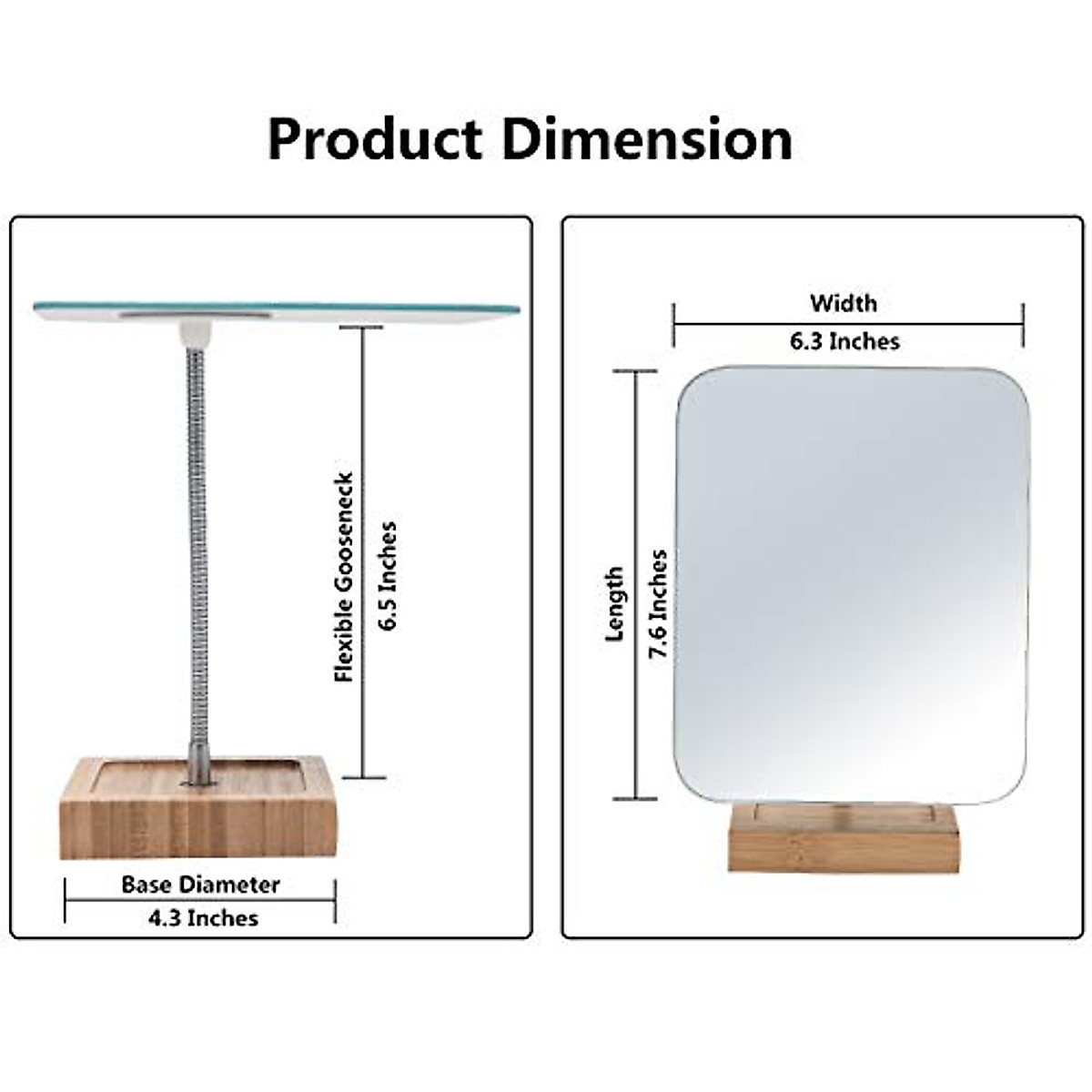 YEAKE Flexible Gooseneck Bamboo Vanity Makeup Mirror,360°Rotation 8" Large Frameless Vanity Mirror Folding Portable Table Desk Mirror with Stand Bathroom Shaving Make Up Mirrors Rectangle
