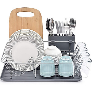 TOOLF Dish Rack, Large Capacity, Dish Drying Rack with Cutlery Holder, Removable Drip Tray, Cup Holder, Compact Kitchen Drainers for Countertop, Grey