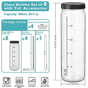 Ritayedet 8 Pack 20 Oz Glass Juicing Bottles w 8 BK SCREW Lids(100% Airtight Sturdy Lid w Silicone) & 4 WH SCREW Lids w Hole & 4 Straws - Drinking Jars, Travel Water Cups