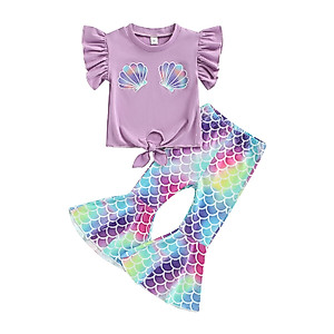 Toddler Kid Baby Girls Outfits Fly Sleeve Shell Crop Tops T-Shirt Mermaid Flared Pants Summer Birthday Clothes 1-6T (Purple, 3-4T)
