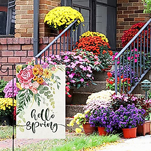 Hello Spring Garden Flag 12x18 Double Sided, Burlap Small Vertical Happy Spring Floral Flower Garden Yard Flags for Seasonal Outside Outdoor House Decoration (Only Flag)