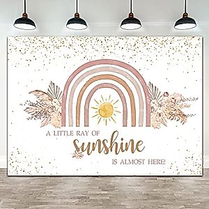Ticuenicoa 7×5ft Boho Rainbow Baby Shower Backdrop A Little Ray of Sunshine is Almost Here Baby Shower Party Banner Wall Decorations Boho Pampas Glitter Dots Girls Baby Shower Background