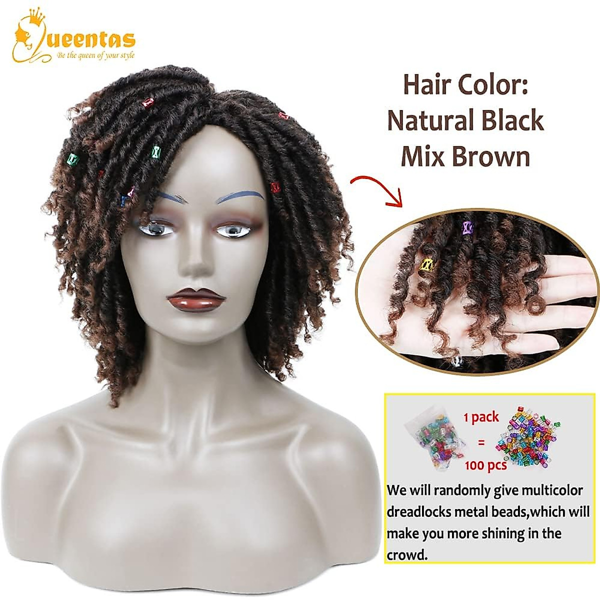 QUEENTAS Dreadlock Wigs for Black Women and Men Short Curly Big Afro Braided Wigs Faux Locs Twist Braiding Synthetic Wigs (Black to Brown)