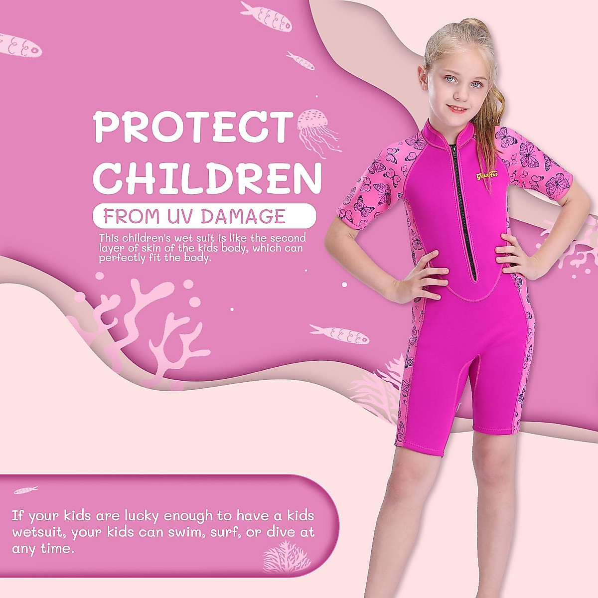 Goldfin Kids Wetsuits for Boys Girls, 2mm Toddler Shorty Wetsuit Youth Neoprene Suit Front Zip Keep Warm for Water Aerobics Diving Surfing Swimming