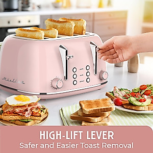 Mueller Retro Toaster 4 Slice with Extra Wide Slots Bagel, Defrost, and Cancel Function, 6 Browning Levels, Dual Independent Controls, Removable Crumb Tray and High Lift Levers, Pink