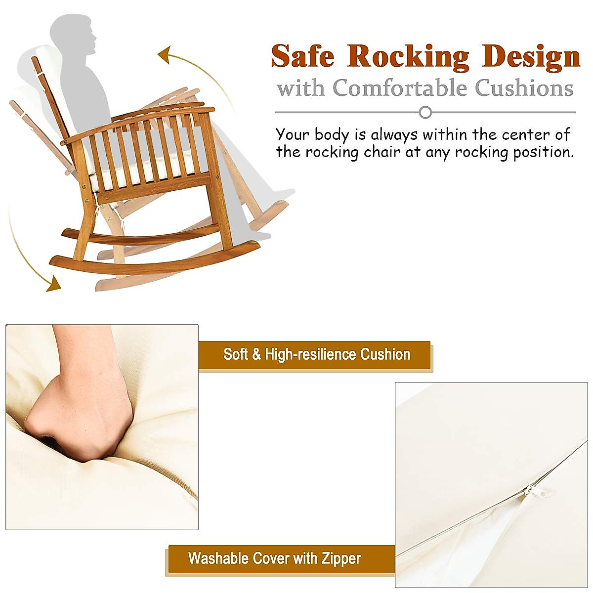 Tangkula Acacia Wood Patio Bistro Set, Outdoor Rocking Chair with Table, Porch Rocker with Thick Cushion of Detachable Cover, Porch Rocking Chair Table Set for Outdoor Indoor Patio Backyard, Teak