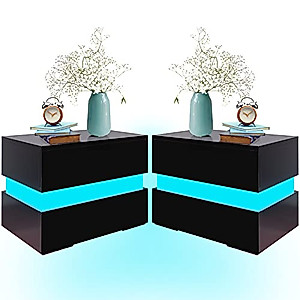 LED Nightstand Set of 2 with 2 Storage Drawers, Modern High Gloss Bedside Table with Led Lights, End Table for Bedroom Furniture(Black,2