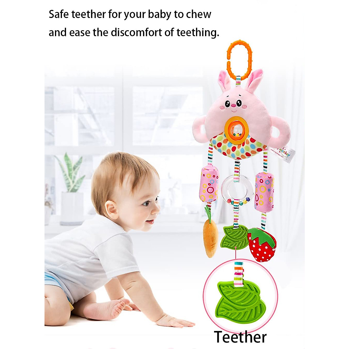 D-KINGCHY Baby Car Seat Stroller Toys Hanging Animal Plush Toys Soft Teething Rattle Toys Newborn Crib Bed Around Stuffed Toy with Wind Bell, Teether, Rattle Sound, Ring for 0-3 Years Old (Rabbit)