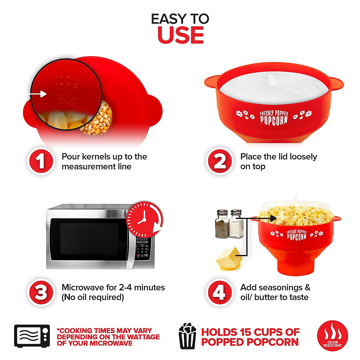 Silicone Microwave Popcorn Popper (Red) Air Popper Popcorn Maker No Oil Required, Collapsible Pop-Corn bowl with Lid, Reusable, BPA-Free, Dishwasher Safe