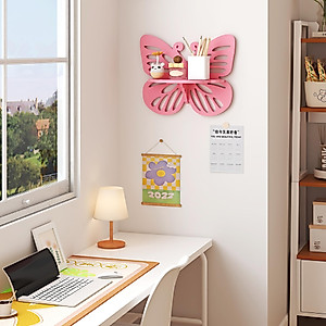 Pink Butterfly Shaped Floating Shelf for Girl’s Room, Cute Wall Display Rack for Nursery Decor, Small Decorative Shelf Wall Mounted, Wood Hanging Wall Shelf for Toys, Plants and Decorations Storage