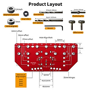 RUITOOL Shelf Pin Jig and Hinge Jig Two-in-One, Self-contained Clamping Function All Metal Shelf Pin Drilling Jig with 1/4" and 5mm Drill Bits, Shelf Jig and Cabinet Hardware Jig Tool Drill Guide